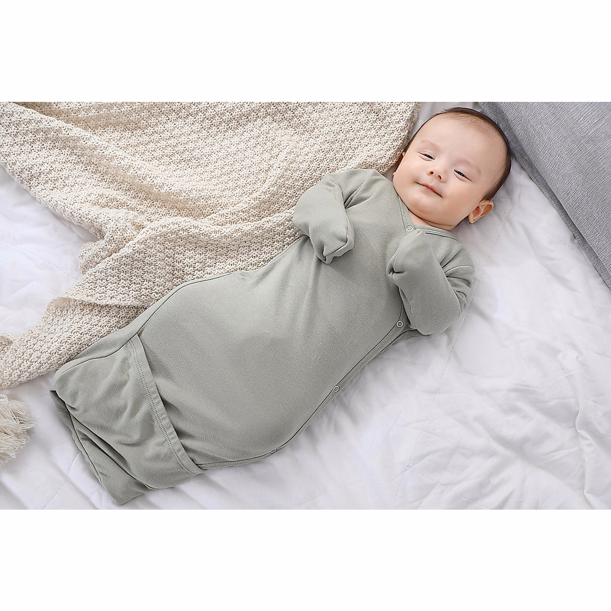 O2 BABY Baby Organic Cotton Kimono Gown with Mitten Cuffs and Fold-Over Pouch, Unisex Long Sleeve Infant Sleeper Sleeping Bag(0-3Months, Desert Sage)
