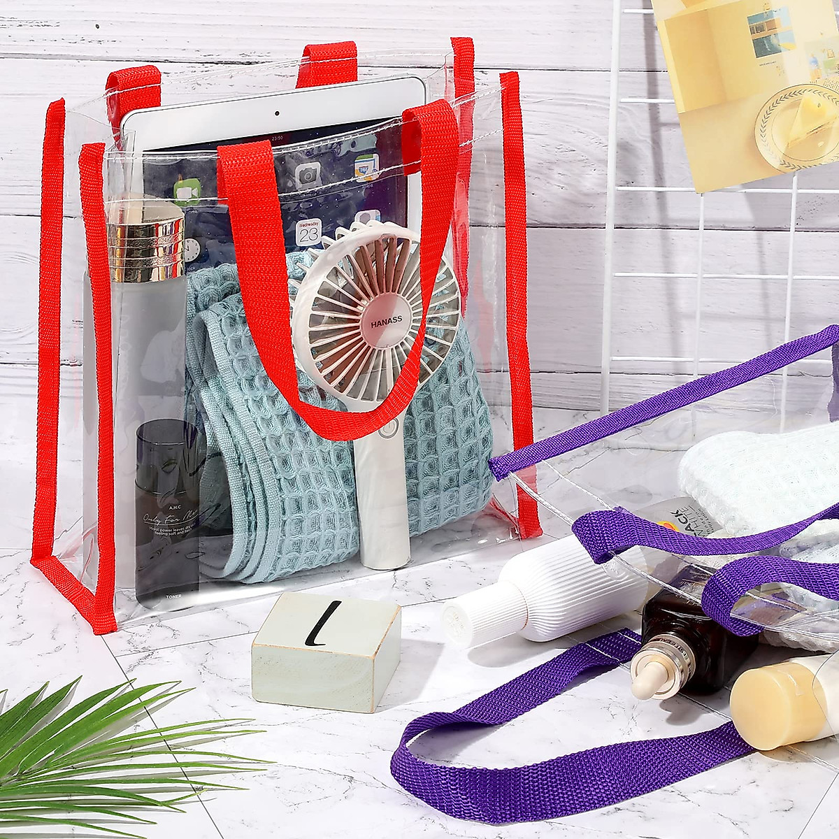 20 Pack Clear PVC Bags Stadium Approved Clear Tote Bag with Handle Reusable Clear PVC Gift Bags Tote Bags for Shopping Wedding Baby Shower Party, 10 x 10 x 4 Inch