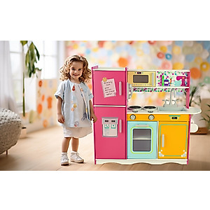 WoodenEdu Kitchen Playset for Kids Ages 3-8, Wooden Pretend Play Kitchen, Including Telephone, Ice Maker, Refrigerator, Dimensions: 35” H x 31” W x 12” D (Colorful)