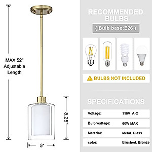 Dolaimi House 3 Pack 1 Light Indoor Hanging Kitchen Island Pendant Light 5" Clear Frosted Glass Chandelier Shade Fixture,Brushed Bronze Finish for Bar,Dining Room Over Sink