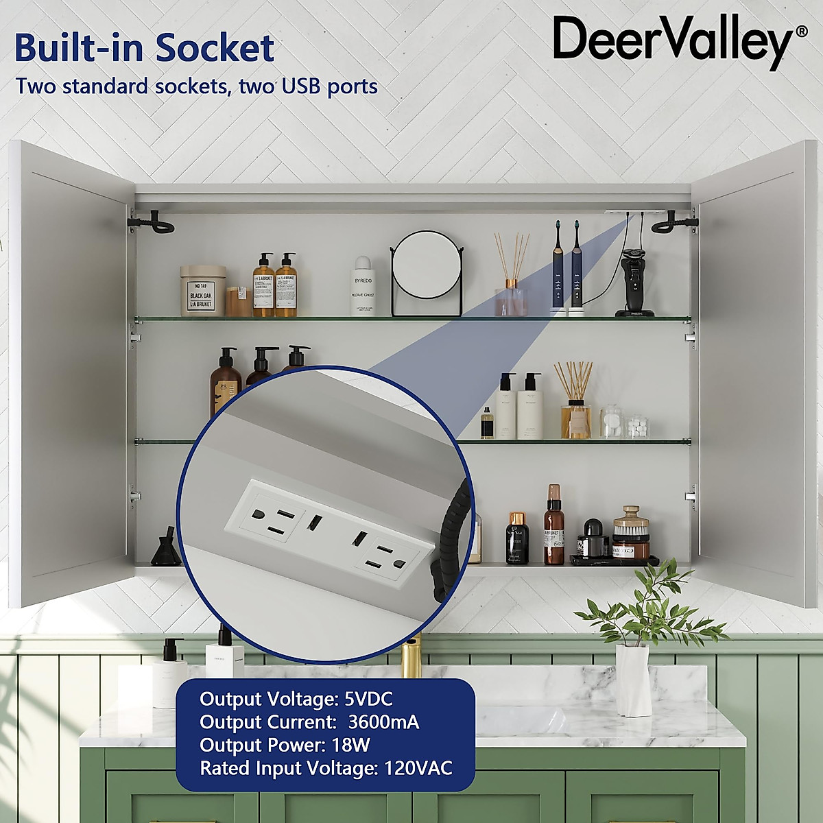 Deer Valley 48" W x 32" H Lighted Medicine Cabinet with Mirror, Led Medicine Cabinet Mirror for Bathroom with Defogger & 3-Color Dimmable, Wall Mounted Mirrored Medicine Cabinet with Lights
