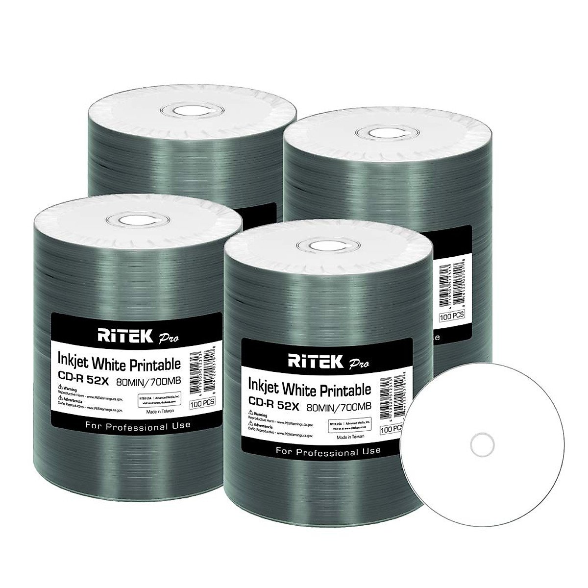 400 Pack Ritek Pro (Professional Grade) CD-R 52X 700MB White Inkjet Hub Printable Blank Media Recordable Disc