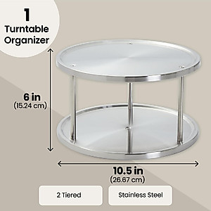 Juvale 2 Tier Lazy Susan Turntable Organizer for Cabinet, Revolving Spice Rack Carousel for Kitchen Pantry Storage, Stainless Steel (10.5 in)