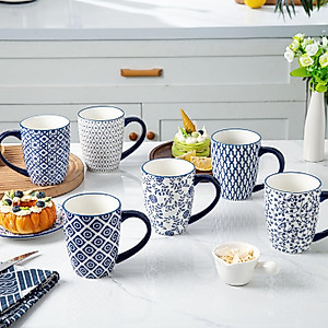 Ceramic Coffee Mugs Set - 16 Oz Large Porcelain Tea Cups with Handle for Women Men Cocoa Cappuccino Latte - Christmas Housewarming Gift - Dishwasher Safe - Set of 6 - Vintage Blue