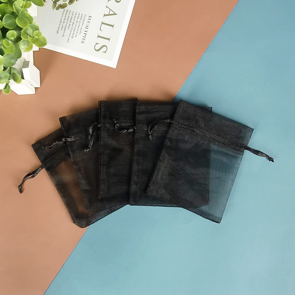 YQL 3x4 Organza Bags,100PCS Black Mini Organza Drawstring Bags Organza Jewelry Pouches Mini Mesh Bags Wedding Party Christmas Gift Halloween Candy Bag