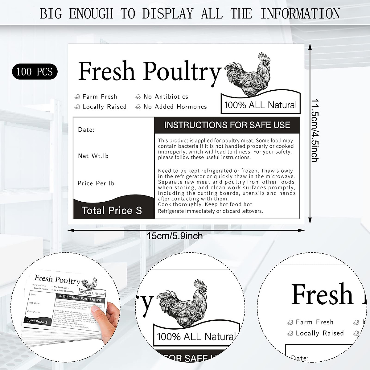 100 Pcs Poultry Freezer Labels 6 x 5 Inch with Safe Handling Instructions Self Stick Turkey Freezer Labels Thanksgiving Day Party Supply