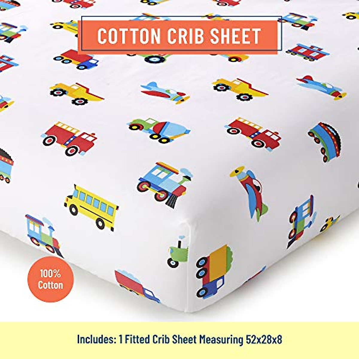 Wildkin Kids 100% Cotton Fitted Crib Sheet for Boys and Girls, Crib Sheets Measures 52 x 28 x 8 Inches, Kids Crib Sheets with Super Soft and Breathable Material (Trains, Planes, and Trucks)