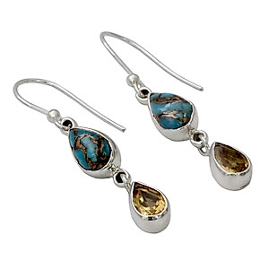 NOVICA Artisan Handmade Citrine Dangle Earrings Composite Blue Turquoise Sterling Silver Reconstituted Yellow India Birthstone [1.7 in L x 0.2 in W x 0.2 in D] ' Heavenly Light'