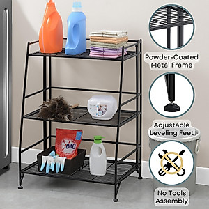 Convenience Concepts Xtra Storage Shelves - 3-Tier Ladder Folding Metal Shelving Organizer Stand, Modern Stands for Storage and Display in Living Room, Bathroom, Office, Den, Kitchen, Garage, Black