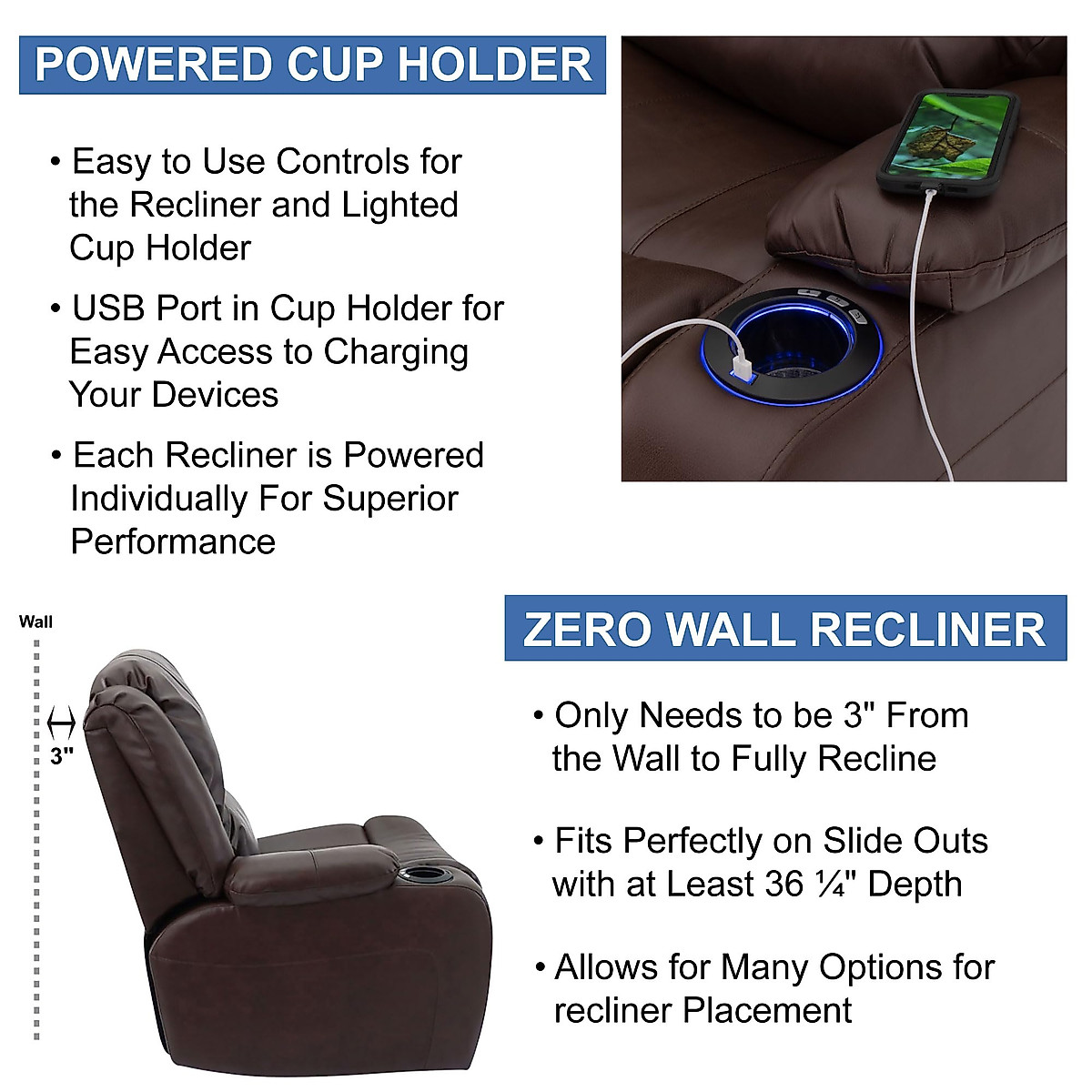 RecPro Charles Collectiom | 70" Powered Doubled Recliner | Suprima Leather (Mahogany)