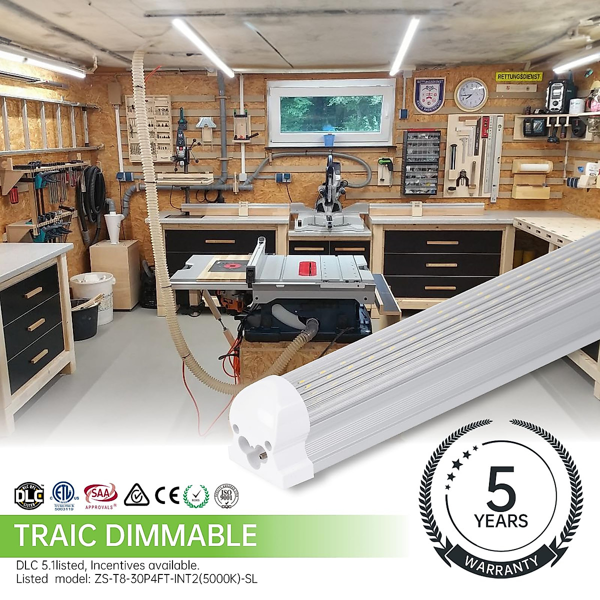 Zi-ZOHNSON 6Pack 4FT LED Shop Light for Workshop, 30W 5000K T8 LED Tube D-Shape Integrated Linkable Shop Lights for Garage, Striped Cover