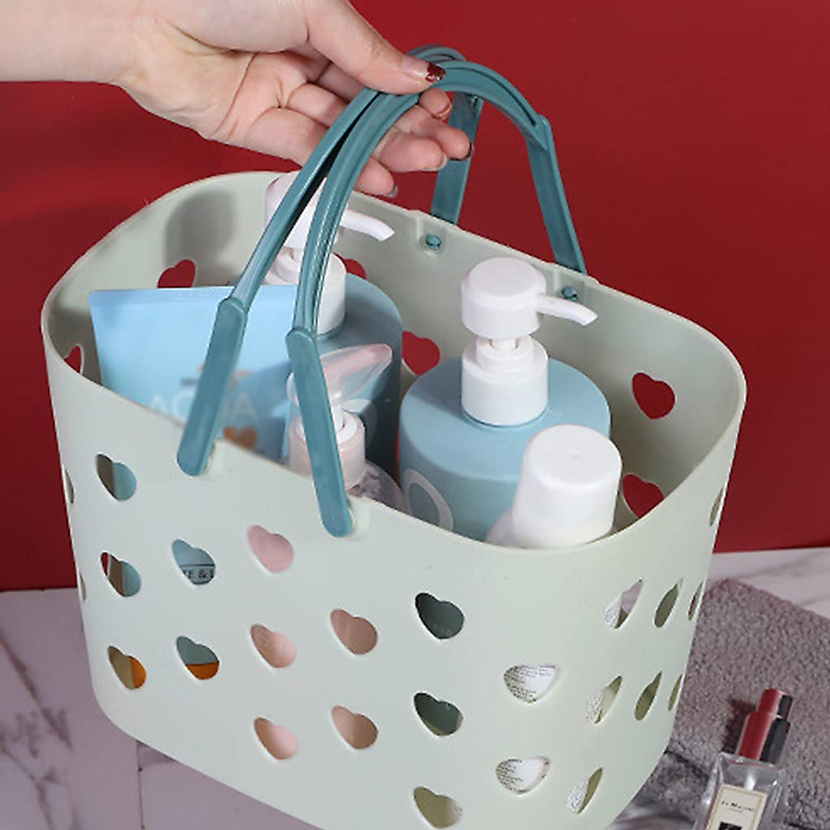 Kamonda Portable Shower Caddy Tote Heart Shaped Hollow Plastic Storage Basket w/Handle Shower Caddy Tote Gray