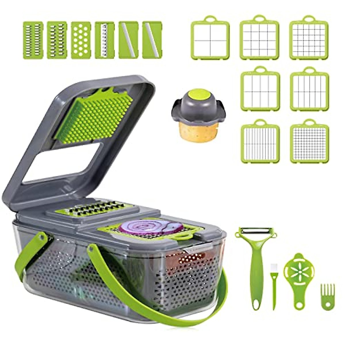 niceeshop Upgraded version multifunctional vegetable cutter mandolin slicer and peeler 20 in 1 vegetable cutter potato onion dicing machine with transparent container.