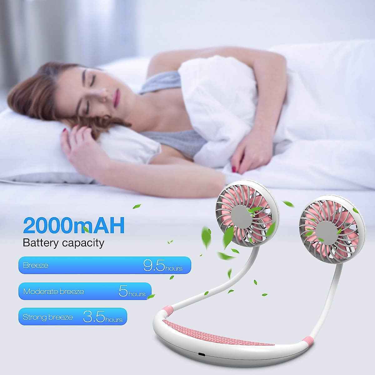 GIM Portable Hanging Neck Fan, 2000mah 3.5-9.5 Hours USB Rechargeable Personal Fan with 3 Level Air Flow 7 LED lights for Home, Office, Travel,Indoor, Outdoor (White&Pink)