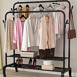 YCWO Flooring Clothes Rack Industrial Tube Wrought Iron Simple Closet Rolling with Wheels Commercial Grade Retail Display Heavy Duty Black Double Rail Large Capacity Clothing Storage Store