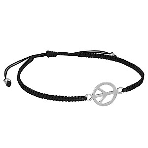 AeraVida Love Inspired Trendy Hippie Culture Peace Sign or Symbol .925 Sterling Silver Charm on Cotton Rope Adjustable Pull Slide Bracelet