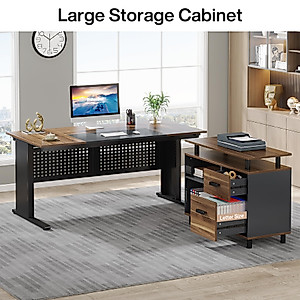 Tribesigns 63 Inch Executive Desk with File Cabinet, Large Office Desk L Shaped Computer Desk with Drawers and Storage Shelves, Business Furniture Desk Workstation for Home Office, Brown and Black