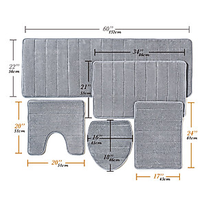 Over the Floor │ Bath Mats 5-Piece Set Thick Memory Foam - Close Out│ Bathroom Rugs Set, Toilet Rug, Water Absorbent, Extra Soft, Non-Slip Back │Gray