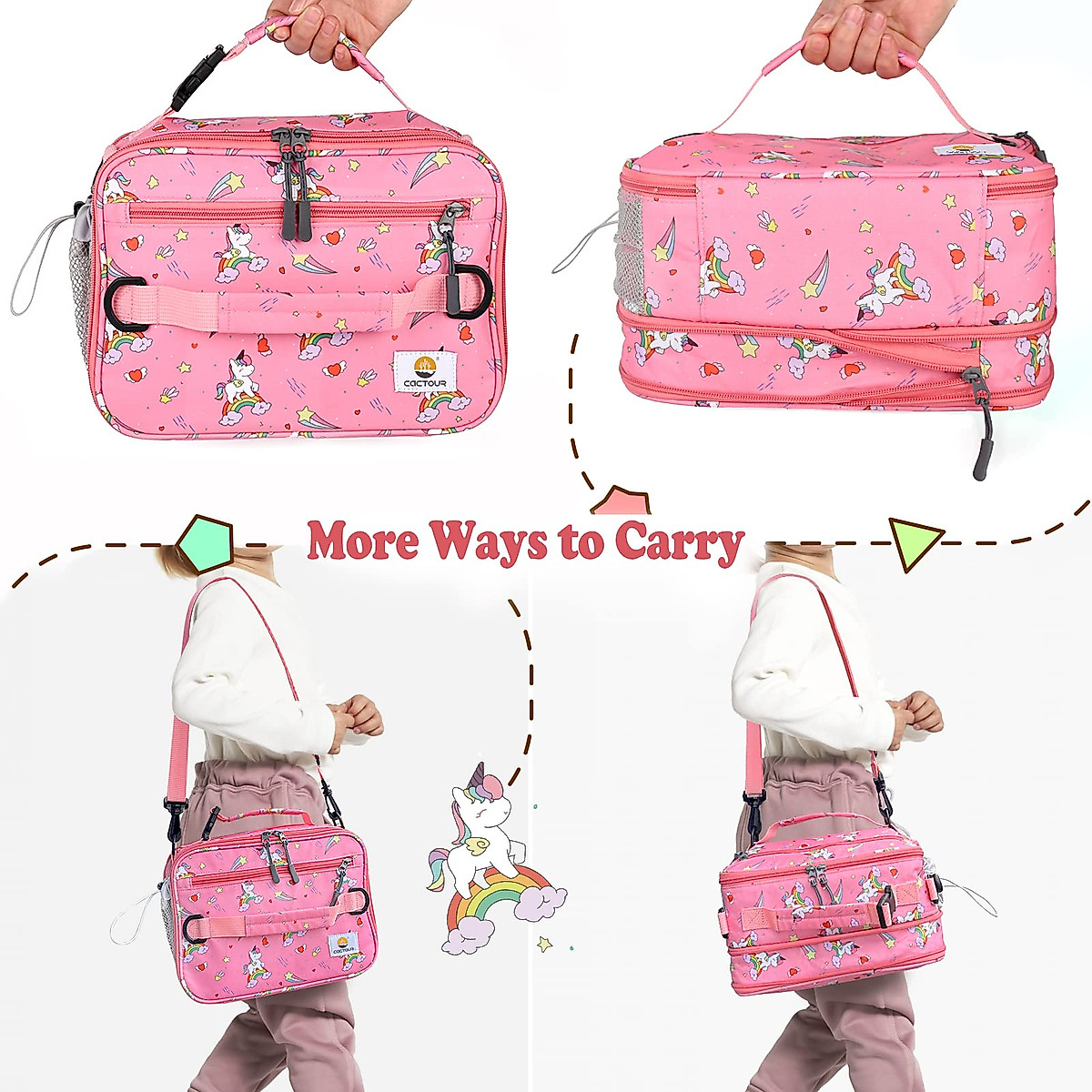 CaCTOUR Insulated Lunch Bag,Expandable Kids Lunch Box,Double Zipper & Lunch Bag Kids with Strap,Lightweight Reusable Lunch Tote Bag for Boys Girls,Meal Containers for School/Picnic (Unicorn)