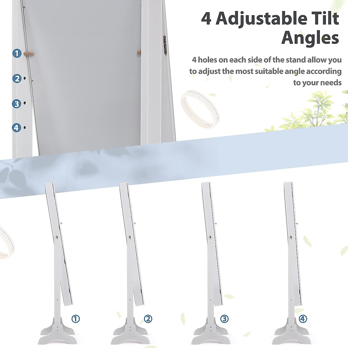 COSTWAY Standing Jewelry Armoire Cabinet, 4-Angle Tilting Jewelry Organizer with Full-length Mirror and Large Storage Capacity, Lockable Jewelry Cabinet for Bedroom, Dressing Room (White)