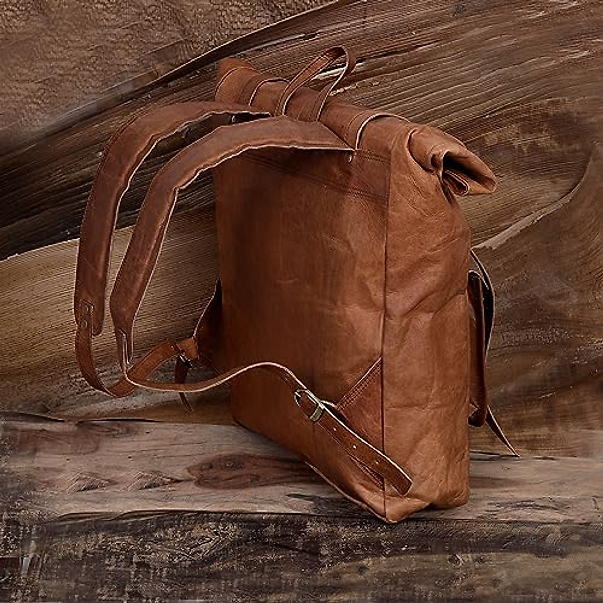Gbag (T) Leather Vintage Roll On Laptop Backpack Rucksack Travel Bag Best Rucksack for Work Brown Leather Roll Top Backpack Laptop Bag for Men and Women
