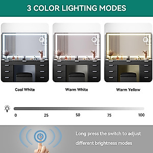 YITAHOME Vanity Desk Set with Large LED Lighted Mirror & Power Outlet, Glass Top Vanity with 11 Drawers and Magnifying Glass, 46'' Large Makeup Vanity with Storage Bench, Black Vanity for Bedroom