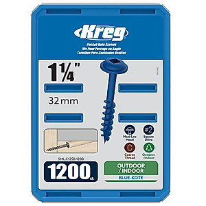 Kreg SML-C125B-1200 Blue Kote Weather Resistant Pocket Screws, 1 1/4-Inch #8 Coarse Thread, Maxi-Loc Head, (1200 Count)