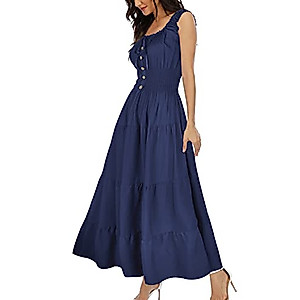 OSTOO Women's 2023 Summer Sleeveless Boho Floral Print Tiered Casual Flowy Long Maxi Dress (Navy, XXL)