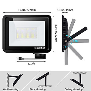 LKXDOV LED Flood Lights Outdoor, 100W 10000LM Outside Work Light with Plug IP66 Waterproof, 6000K Portable Exteriores Security Floodlights for Yard, Garden, Stadium, Playground (2 Pack)