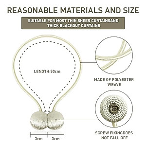 Magnetic Curtain Tiebacks 2 PackRope Decorative，Curtain Tie Backs Holdbacks Holders Hooks Clip Buckles for Curtains Drapes, Curtain Ties for Home Bedroom Office Decorative Curtain (Black)