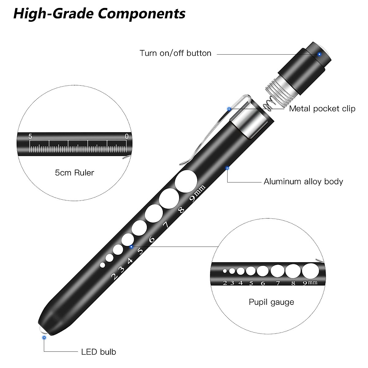 Opoway Nurse Penlight with Pupil Gauge Medical Pen Light for Nurses Doctors with Batteries Included 2ct. White and Black
