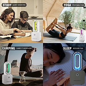 Bladeless Desk Fan Rechargeable, Small Bladeless Personal Fan Quiet Mini Table Fan, 12''Small Fan for Bedroom and Office, USB or 4000mAh Battery Operated, with Touch Control 6-Colors LED Light