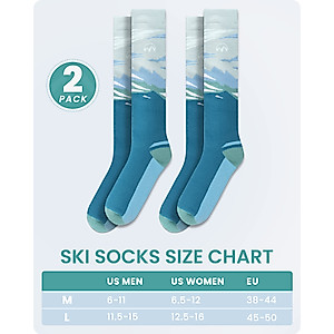 OutdoorMaster Ski Socks, 2-Pair Pack Skiing and Snowboarding Thermal Socks for Women with Over the Calf Design w/Non-Slip Cuff, Mountain Patterns - Ocean Blue,M/L