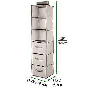 mDesign Long Soft Fabric Over Closet Rod Hanging Storage Organizer with 3 Shelves and 3 Drawers for Clothes, Leggings, Lingerie, T Shirts - Textured Print - Linen/Tan