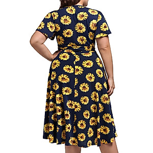 kissmay Plus Size Midi Dress,Floral Casual Dresses with Pockets Spring&Summer Dress for Women 70s Plus Mid-Length Dress for Cocktail Party A Line Swing Dresses with Belted V Neck Blue Yellow 24 PlusL