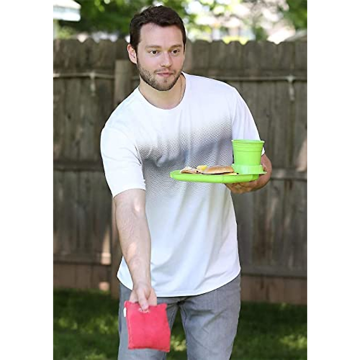 Great Plate Reusable Plastic Plates for Parties with Built-In Cup Holder - Set of 6 Party Plates and Cups for Kids or Adults for Tailgating BBQ Camping Picnics (Red, White and Green, Square)