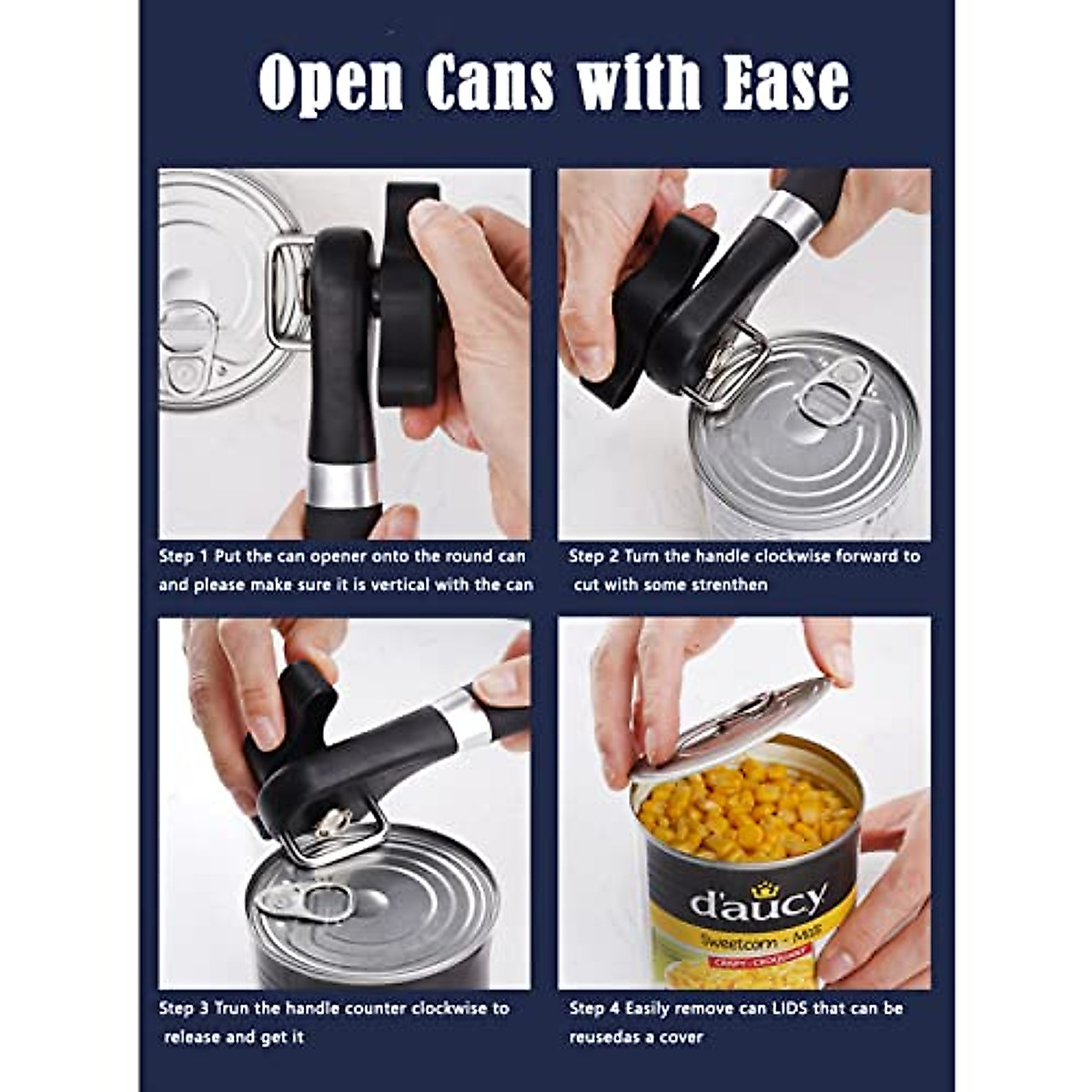 Can Opener Smooth Edge Manual, Can Opener Handheld, No Sharp Edges With Soft Grips, Food Grade Stainless Steel Cutting Can Opener, Professional Ergonomic Can Opener for Kitchen & Restaurant