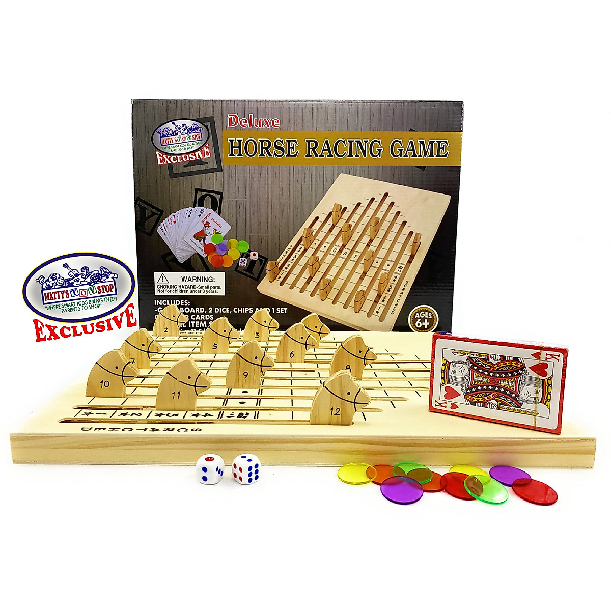 Matty's Toy Stop Deluxe Wooden Horse Racing Derby Game with Dice, Playing Cards & Chips