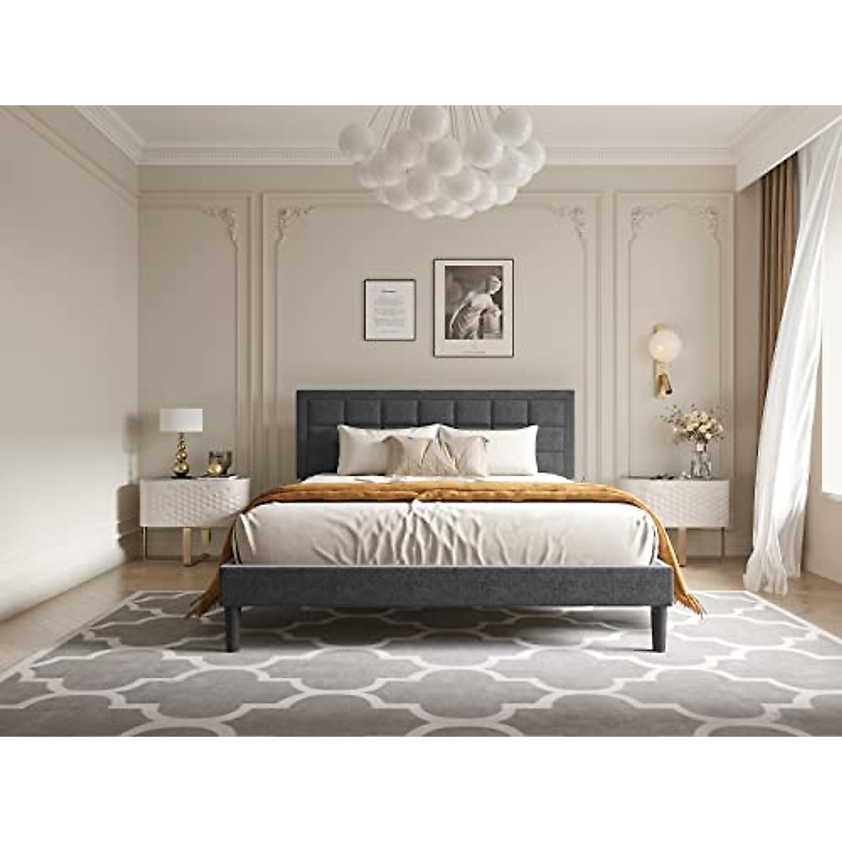 Nazhura Queen Size Bed Frame Upholstered Modern Low Profile Platform with Tufted Headboard/No Box Spring Needed/Linen Fabric Upholstery/Charcoal Grey