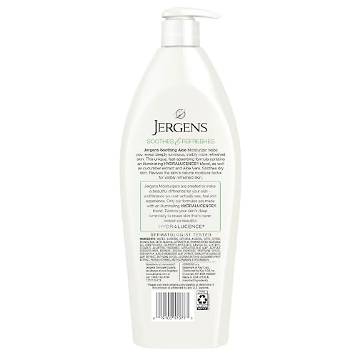 Jergens Soothing Aloe Body Lotion, Aloe Vera Body and Hand Moisturizer, Illuminating Hydralucence Blend, with Cucumber Extract, Dermatologist Tested, 21 Oz