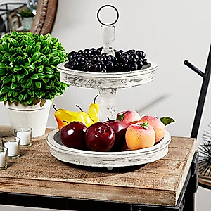 Farmhouse Tiered Tray 2 Tier Tray with Metal Handle, Wooden Tray Tiered Serving Tray for Cake, Fruit, Dessert, White Tray Decorative Tray for Living Room Kitchen Coffee Table Dining Table Centerpiece