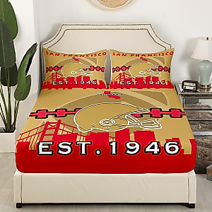 Erosebridal Boys Football Bed Sheets Set for Youth,Rugby Sheet Set Full American Football Lovers Sheets Ball Game Flat Fitted Sheet with 2 Pillow Shams,Red Yellow,(San Francisco)