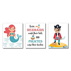 Brooke & Vine Kids Bathroom Wall Decor Art Prints (UNFRAMED 8 x 10 Set of 3) Mermaid Pirate Children, Toddler, Baby Girl, Baby Boy, Nursery, Classroom, Washroom, Restroom, Powder Room (Mermaid Pirate)