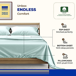 THREAD SPREAD 100% Egyptian Cotton Sheets Set King - 1000 High Thread Count, Luxury 5-Star Hotel 4 PC Sateen Bed Sheets King Size, Soft, Breathable Extra Long Staple 16" Deep Pocket Sheets - Sea Foam