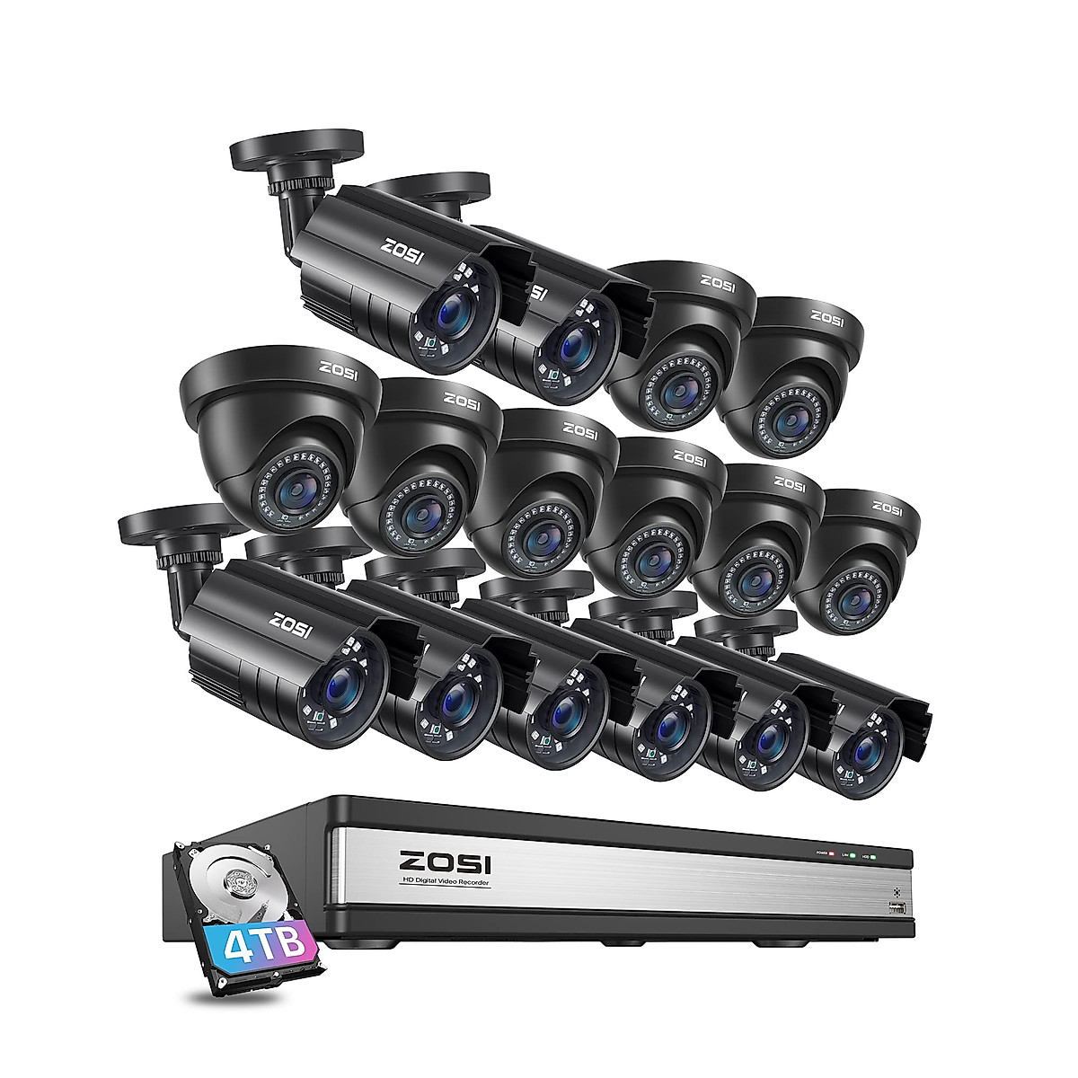 ZOSI 16CH Security Camera System Outdoor Indoor,16pcs 1080p Surveillance CCTV Cameras,Night Vision,Motion Alerts,Remote Access,H.265+ 16Channel DVR with 4TB HDD for 24/7 Recording