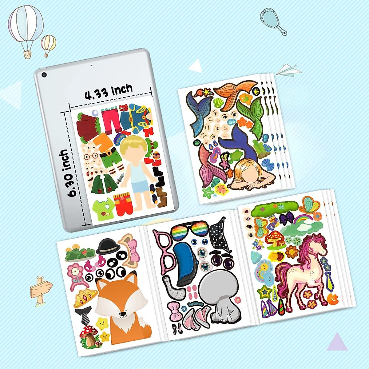 100 Pcs Funny Make Face Stickers Sheet with 25 Designs,Animals Unicorns Mermaids Figures Make Your Own Stickers for Toddlers Kids Full Body Mix and Match Craft Teacher Rewards Birthday Party Favors