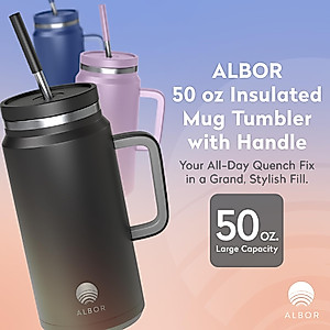 ALBOR 50 oz Tumbler With Lid and Straw, Leak Proof Durable Stainless Steel Insulated Tumbler With Handle, Spill Proof Water Bottles With Straw (Black)