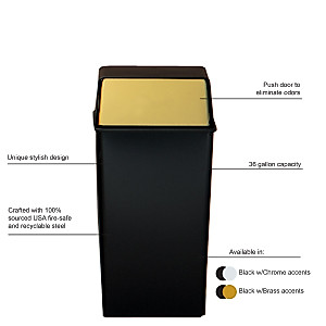 Witt Industries 36HT-11 Monarch Series Waste Watcher Receptacle, Steel, 36 gal, Black with Brass Accents