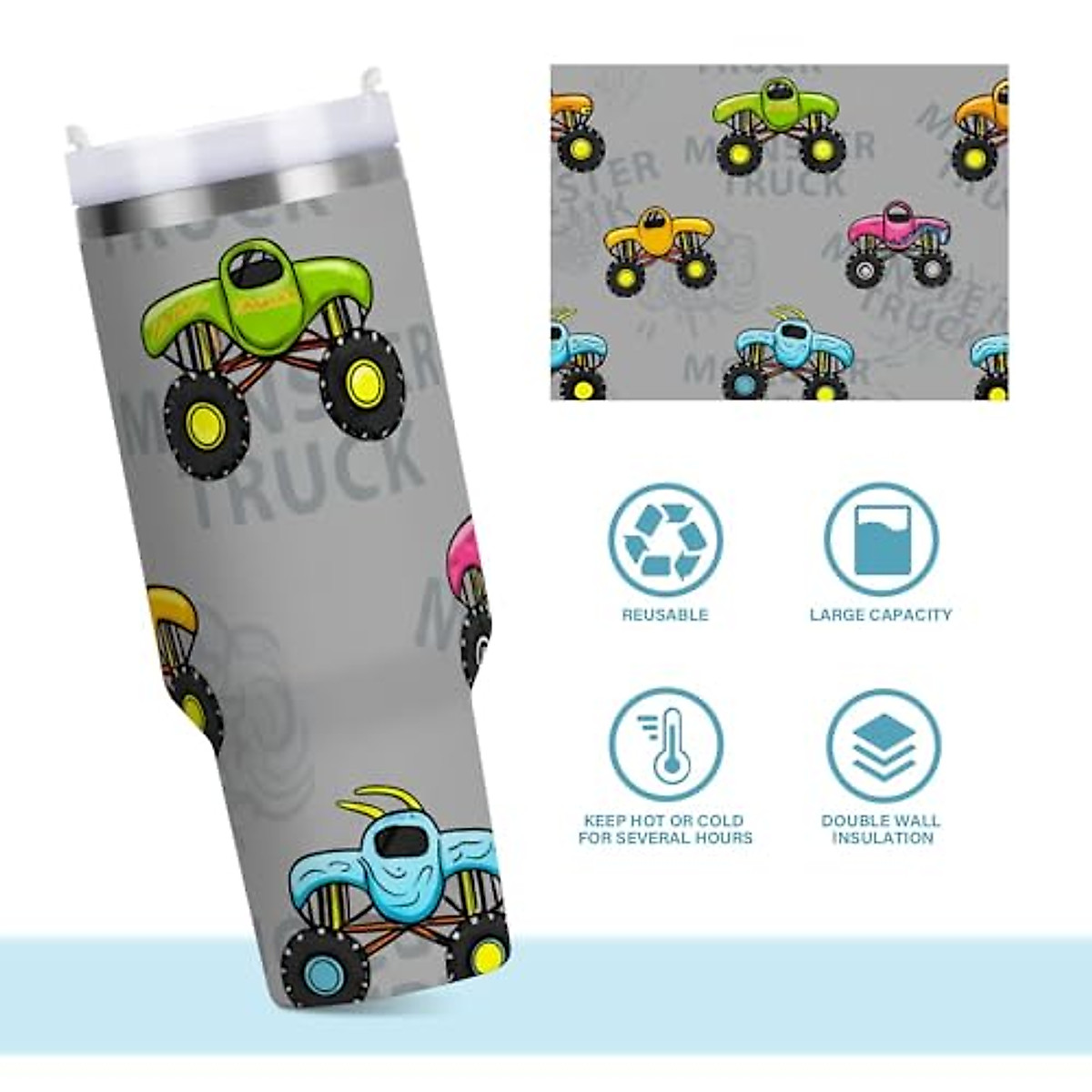 ODAWA Large Colorful Trucks Stainless Steel Tumblers with Handle and Straw Travel Insulated Tumblers