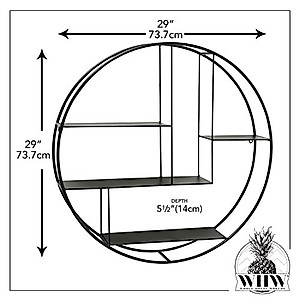 WHW Whole House Worlds Industrial Round Metal Wall Shelf, 4 Levels, Floating, Scandi Contemporary Style, Black Iron, 29 Inches Diameter